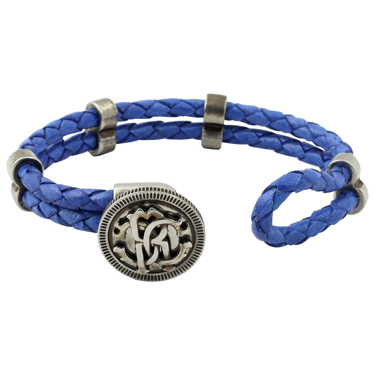 Roberto Cavalli Men's Blue Braided Leather RC Logo Bracelet, Size ...