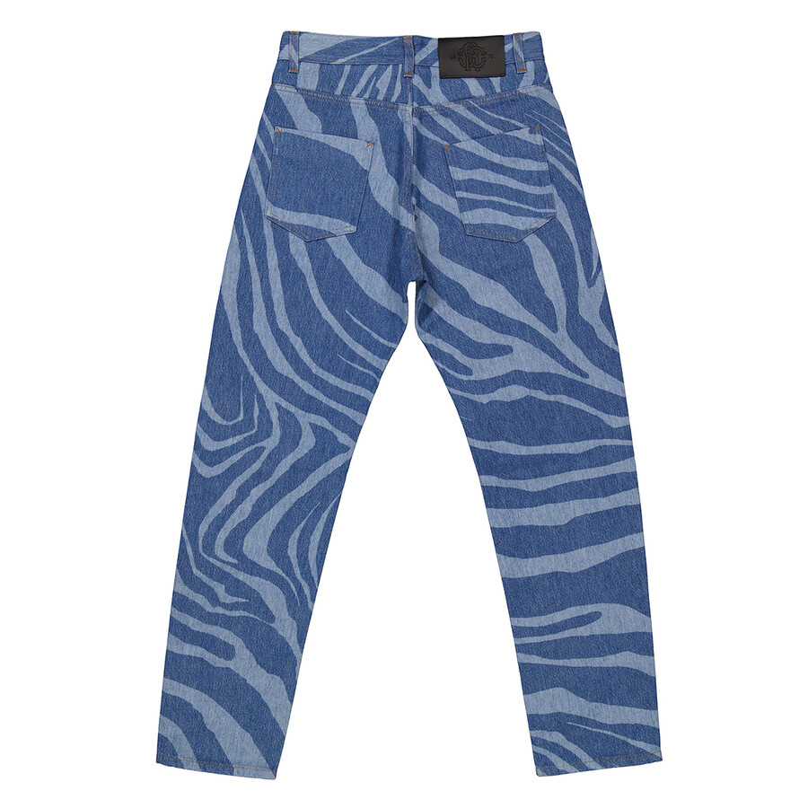 Roberto Cavalli Men's Blue Zebra Print Relaxed Fit Cotton Denim Jeans ...