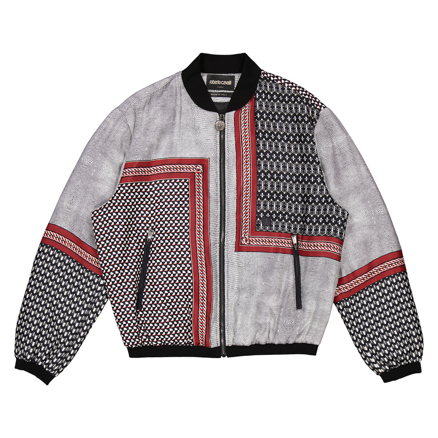 Roberto Cavalli Men's Carmine / Black Chain Foulard Print Silk Bomber ...