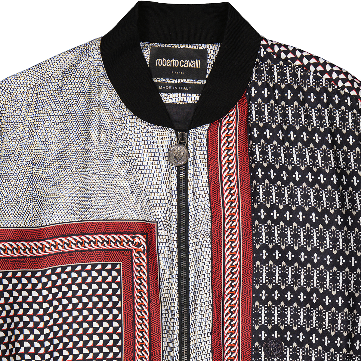 Roberto Cavalli Men's Carmine / Black Chain Foulard Print Silk Bomber ...