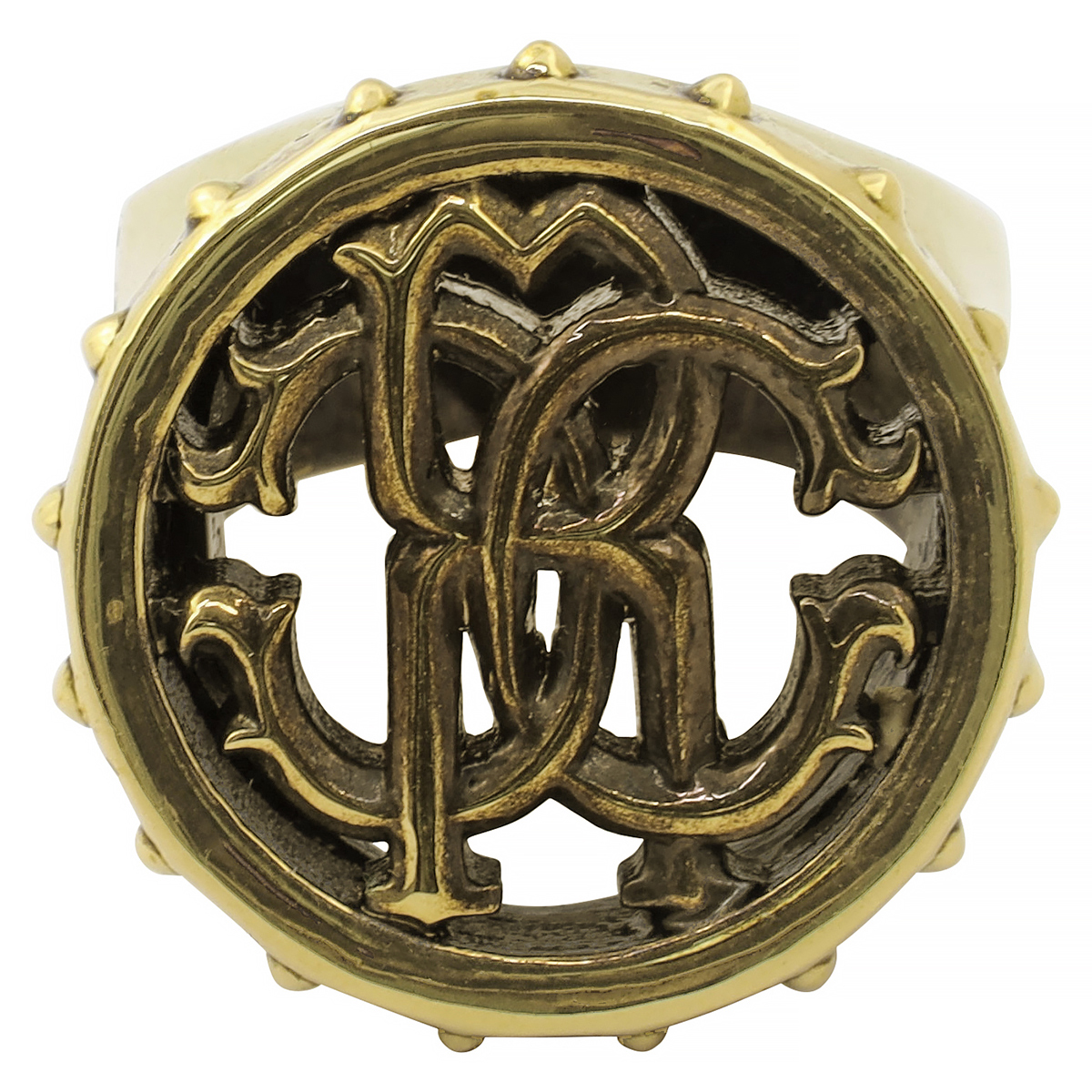 Roberto Cavalli RC Logo Podium Antique Gold Toned Ring, Size 10 JQG160 ...