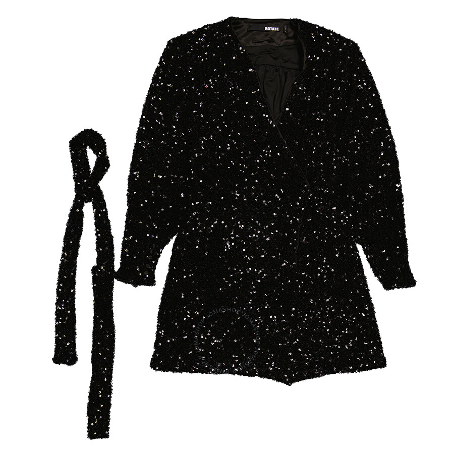 Rotate Ladies Black Sequin Long-Sleeve Wrap Mini Dress, Brand Size 36 ...