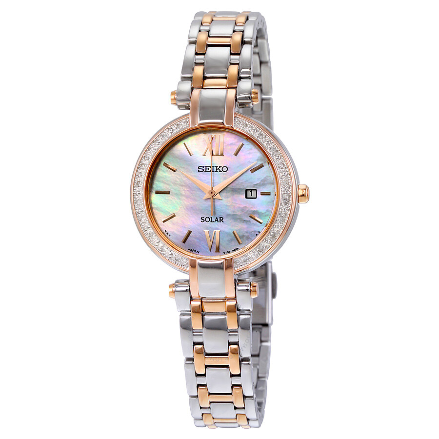 Seiko Solar Mother Of Pearl Dial Two Tone Ladies Watch Sut184