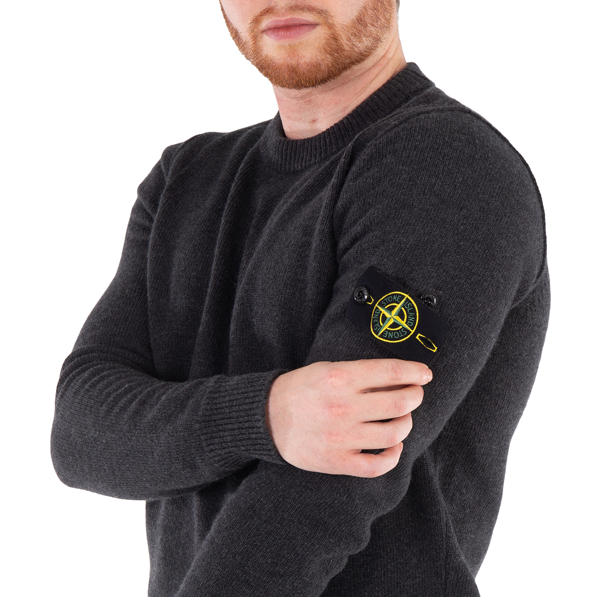 Stone Island Men's Melange Charcoal Logo Patch Jumper, Size Small ...