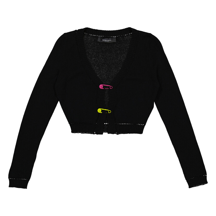 Versace Ladies Black Safety Pin Cropped Cashmere Cardigan, Brand Size ...