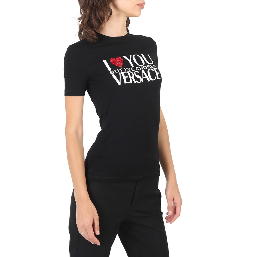 Versace Ladies Black Slogan Print T-Shirt, Brand Size 36 (US Size 0 ...