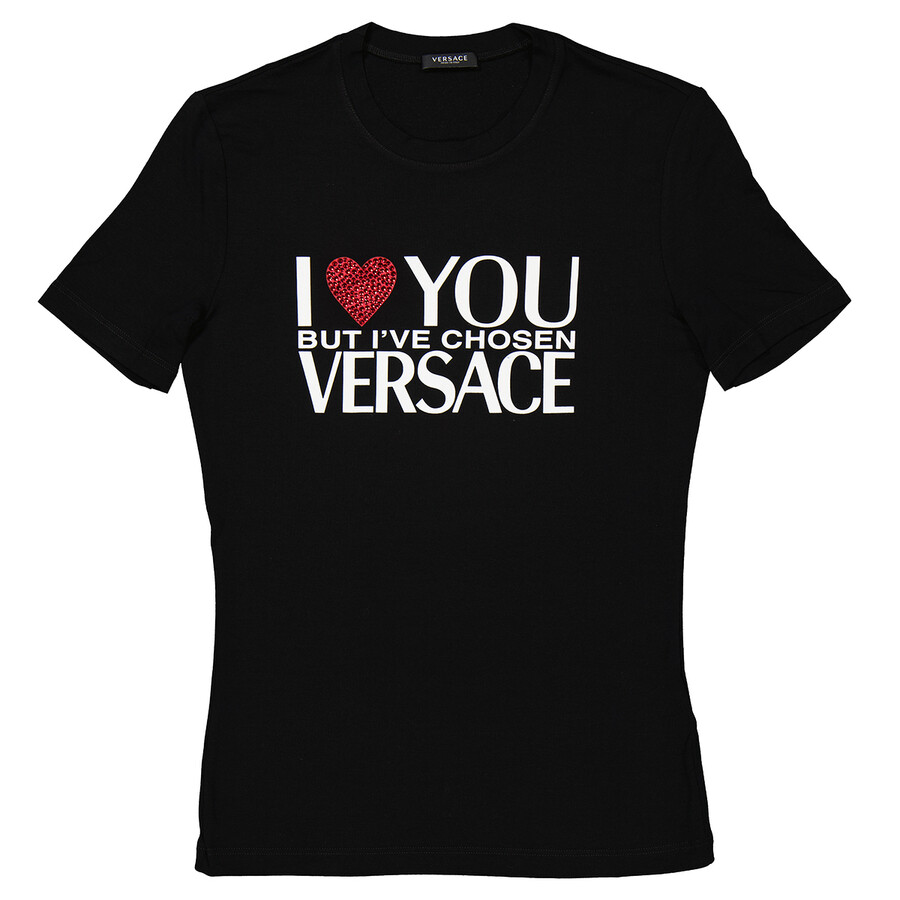 Versace Ladies Black Slogan Print T-Shirt, Brand Size 36 (US Size 0 ...