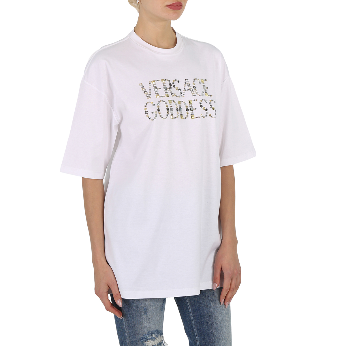 Versace Ladies Optical White Studded Versace Goddess Cotton T-Shirt ...