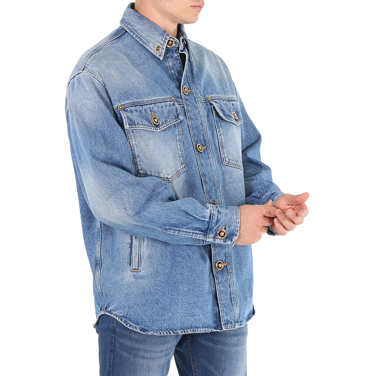 Versace Men's Faded Light Blue Denim Button-Up Shirt Jacket, Brand Size ...