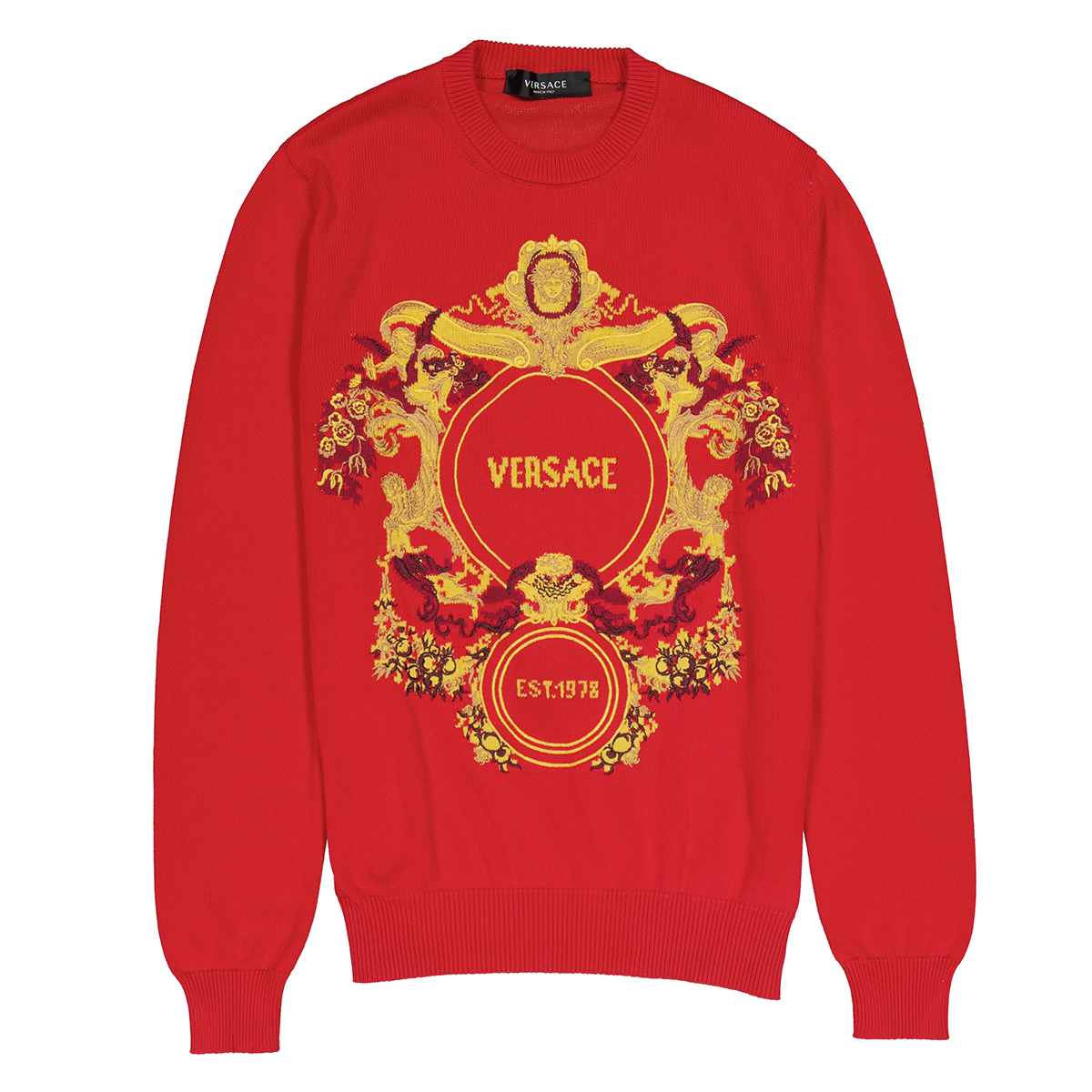 Versace Red Intarsia Knit Jacqurd Sweater, Brand Size 48 (US Size 38 ...