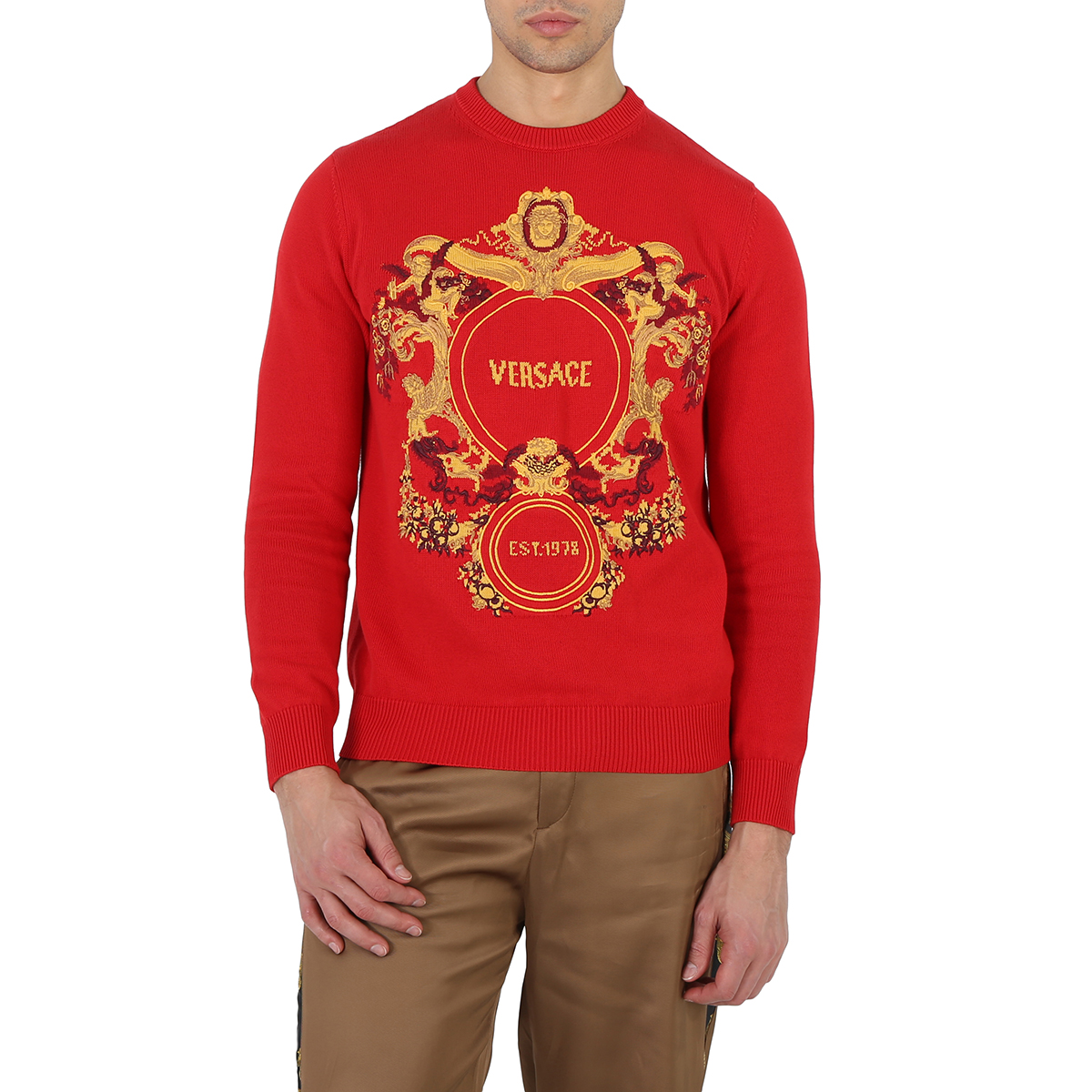 Versace Red Intarsia Knit Jacqurd Sweater, Brand Size 48 (US Size 38 ...