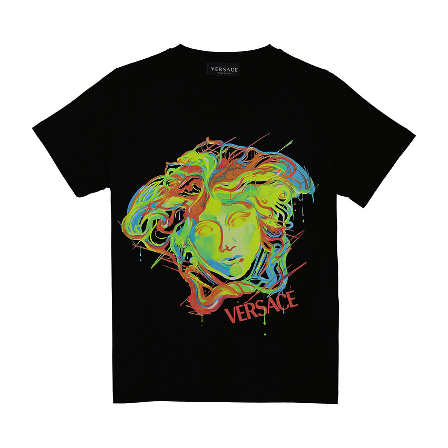 Young Versace Kids Black/Multicolor Paint-Drip Medusa Logo Tee, Size 6 ...