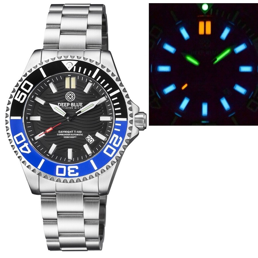 Deep Blue Daynight T-100 Commander Tritium Automatic Black Dial Men's ...