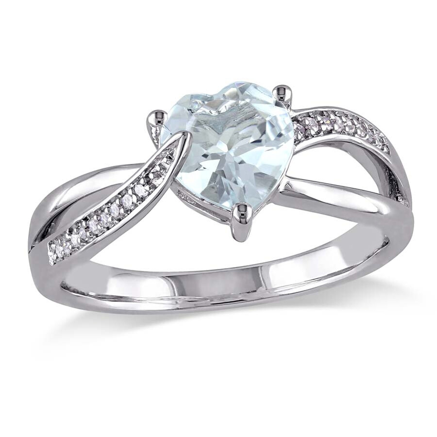 Amour Aquamarine and Diamond Heart Crossover Ring In Sterling Silver ...