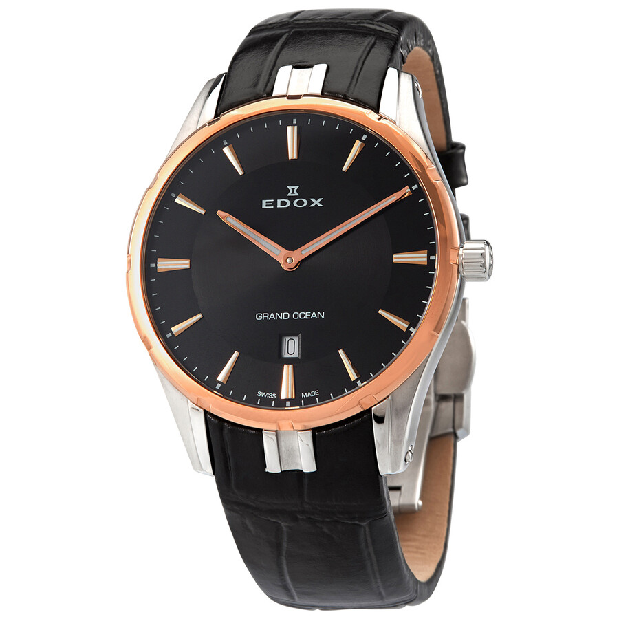 Edox Grand Ocean Black Dial Black Leather Men's Watch 56002 357RC NIR ...