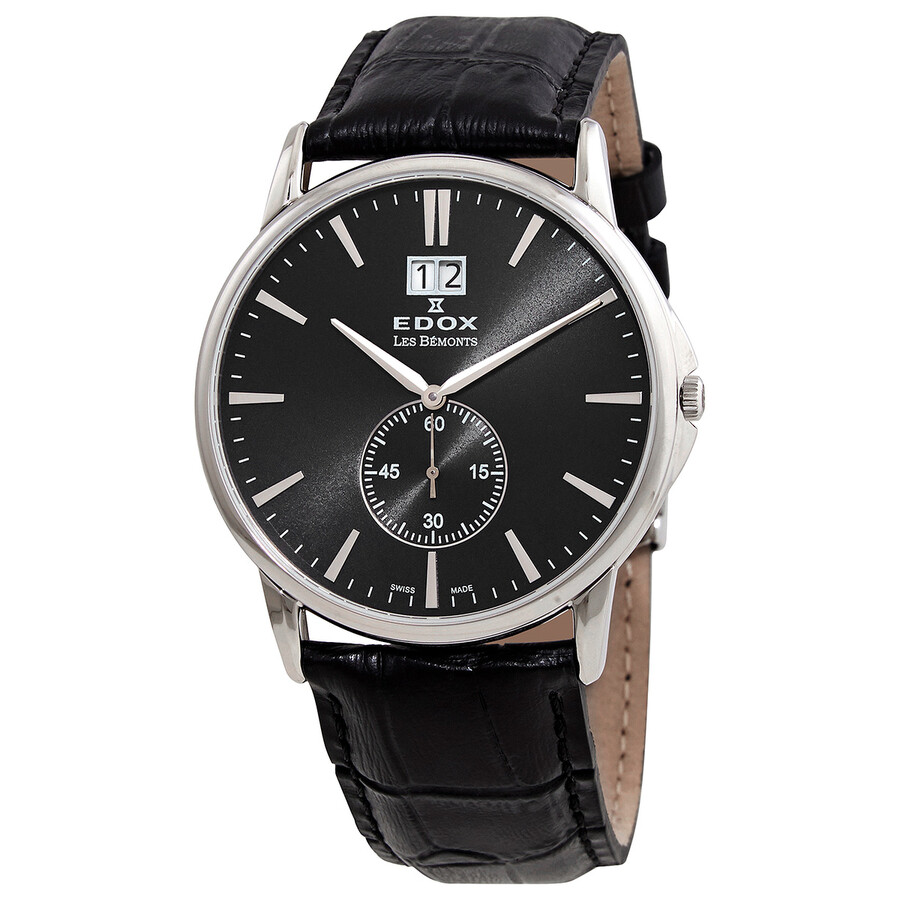 Edox Les Bemonts Black Dial Black Leather Men's Watch 64012 3 NIN ...