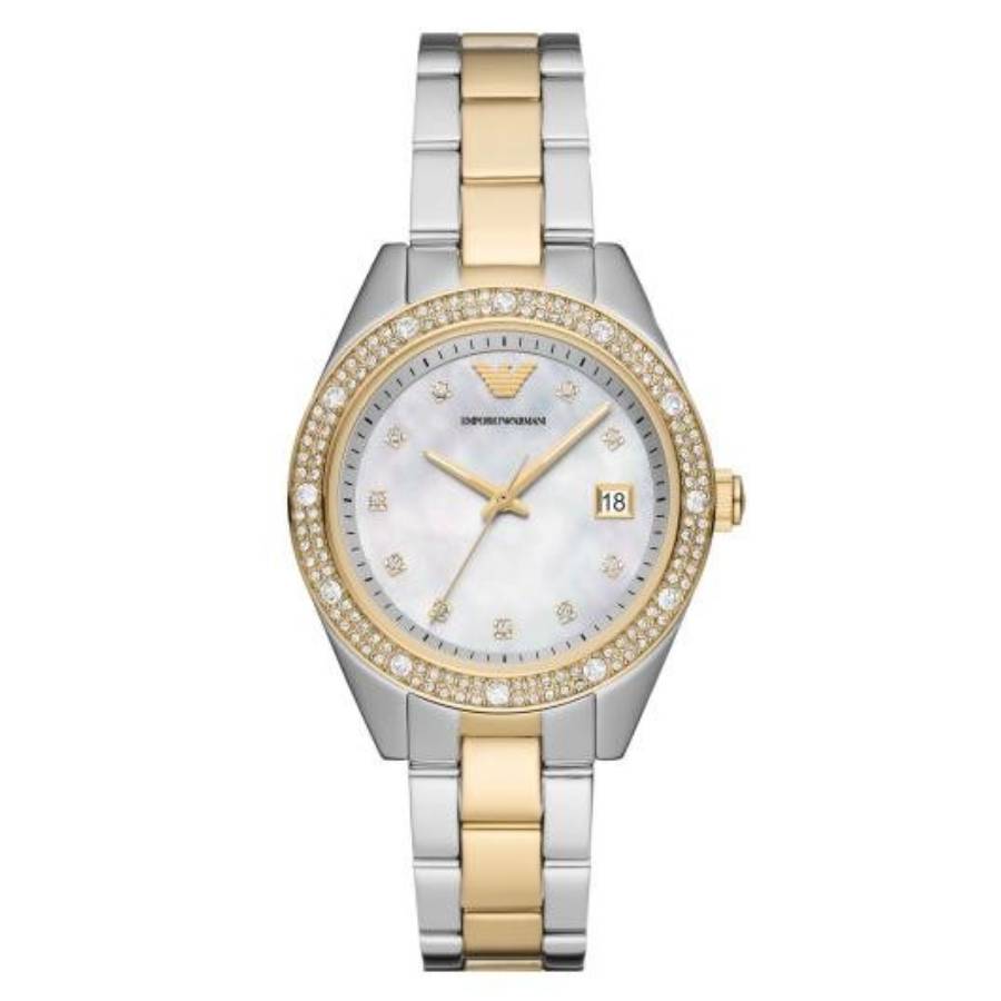 Emporio Armani Leo Quartz Crystal White Mother of Pearl Dial Ladies ...