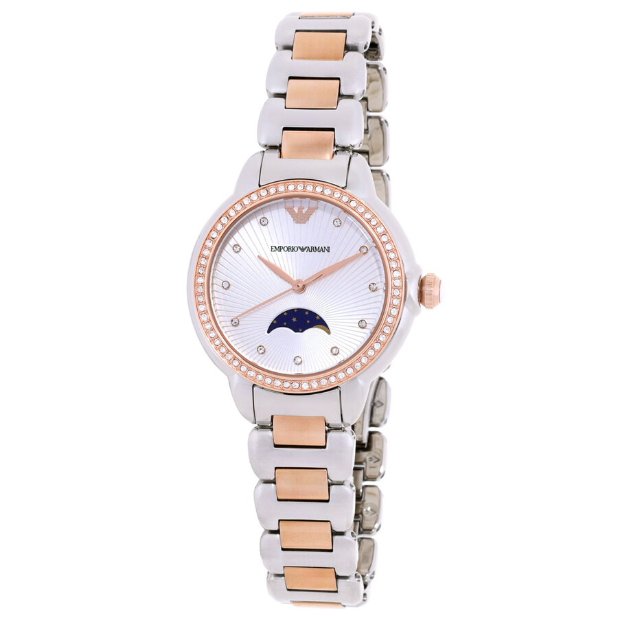 Emporio Armani Mia Quartz Moon Phase Crystal Silver Dial Ladies Watch ...