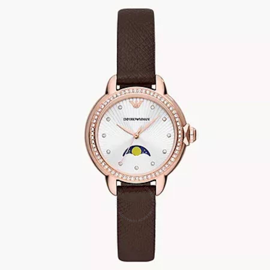 Emporio Armani Mia Quartz Moon Phase Crystal Silver Dial Ladies Watch ...