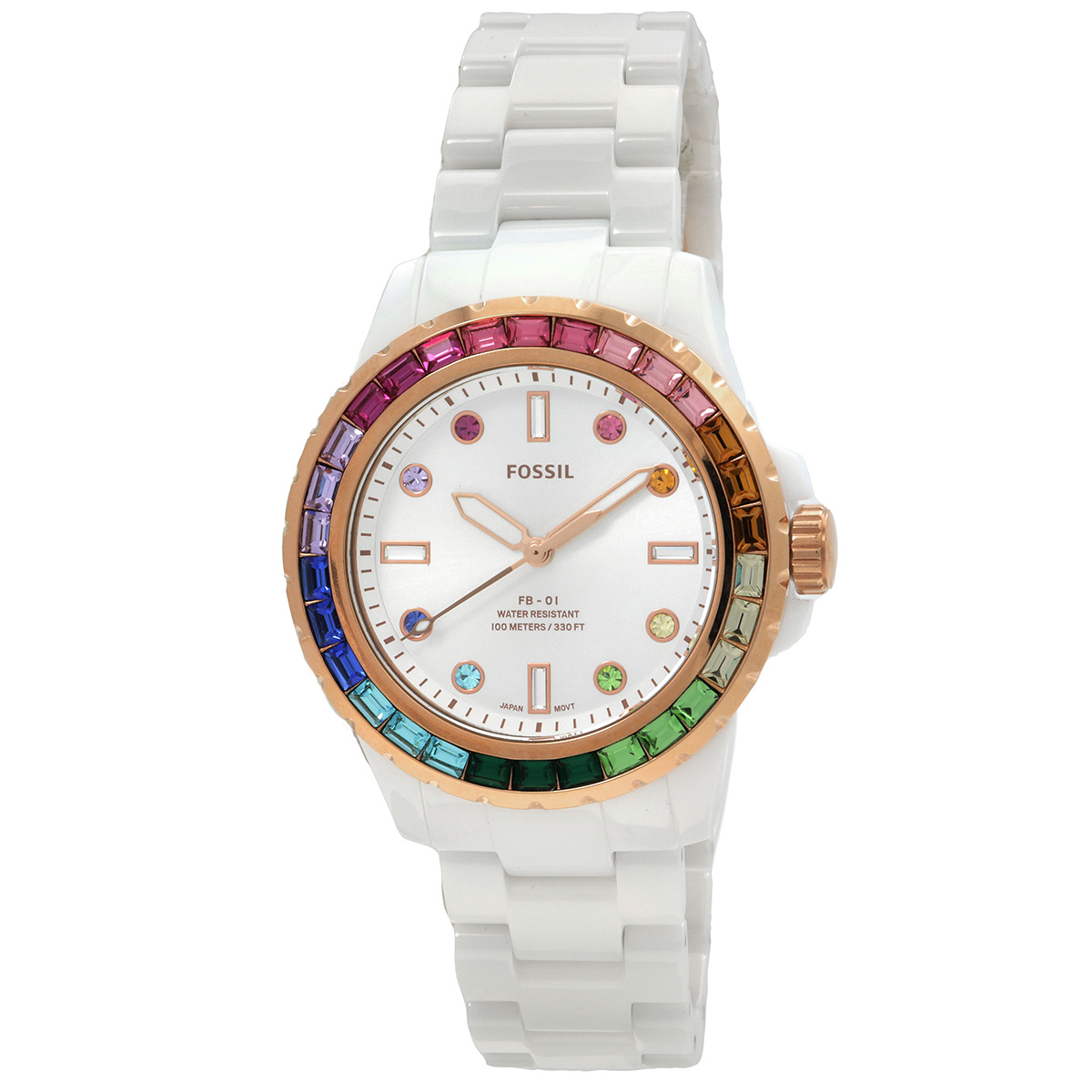 Fossil FB-01 Ceramic Quartz Crystal Silver Dial Ladies Watch CE1129 ...