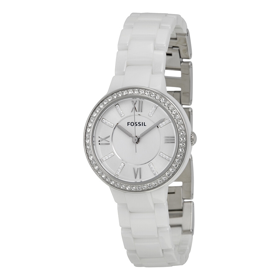 Fossil Virginia Silver Dial White Ceramic Ladies Quartz Watch CE1086 ...