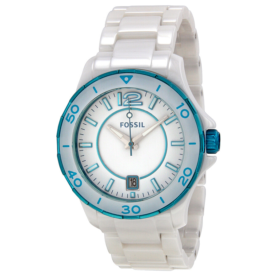 Fossil White Dial White and Teal Ceramic Bracelet Ladies Watch CE1052 ...