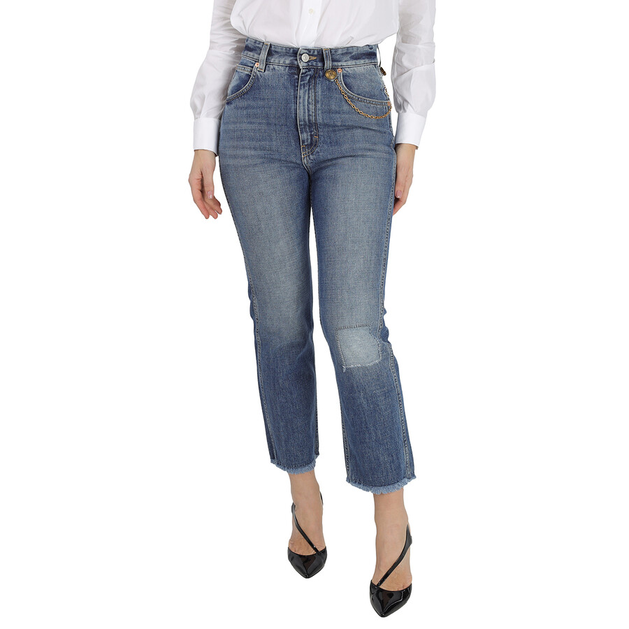Givenchy Ladies Medium Blue Chain Detail Straight-leg Cropped Jeans ...