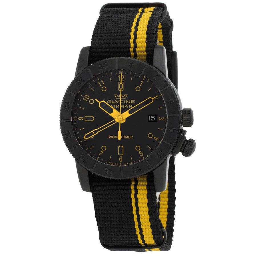 Glycine Airman Contemporary Worldtimer GMT Quartz Black Dial Men's ...