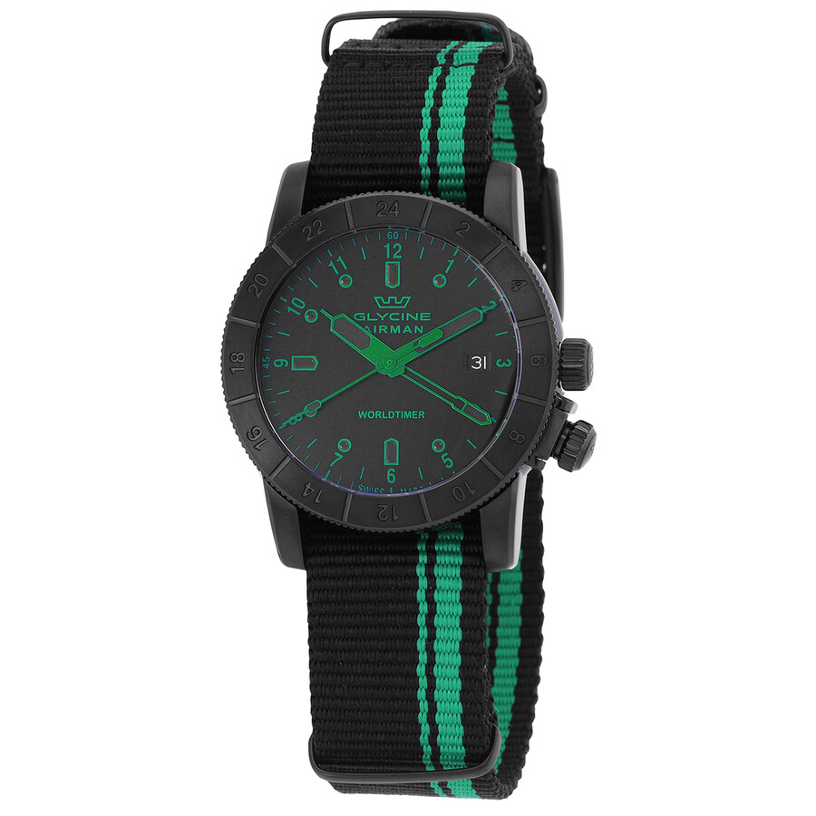 Glycine Airman Contemporary Worldtimer GMT Quartz Black Dial Men's ...