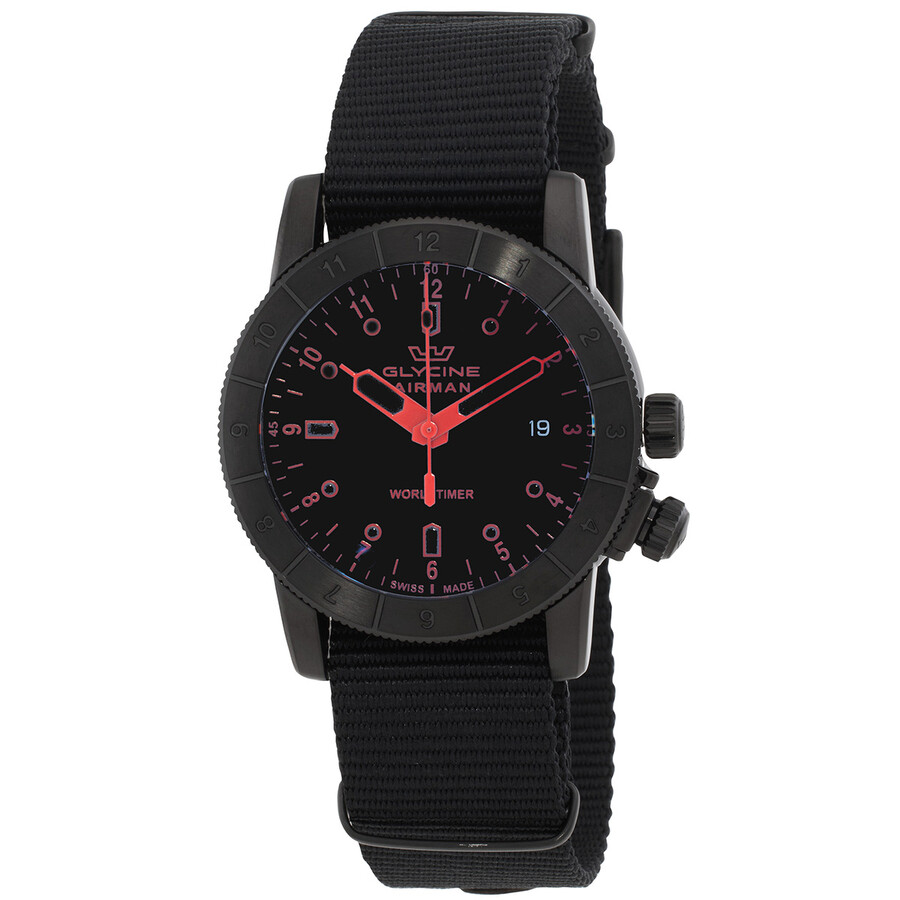 Glycine Airman Contemporary Worldtimer Quartz Black Dial Men's Watch ...