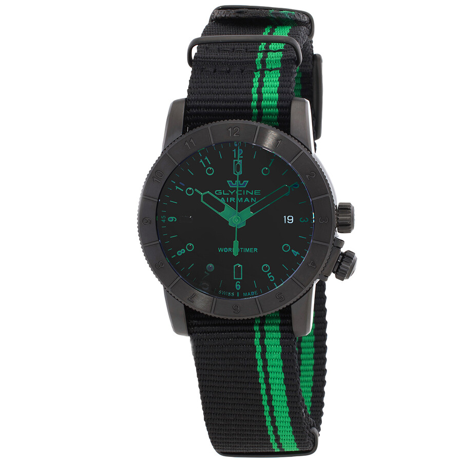 Glycine Airman Contemporary Worldtimer Quartz Black Dial Men's Watch ...