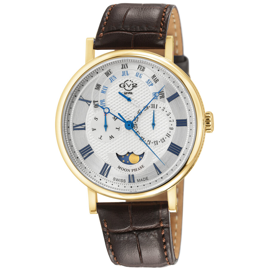 Gv2 By Gevril Maestro Quartz Moon Phase Silver Dial Men's Watch 43602 ...