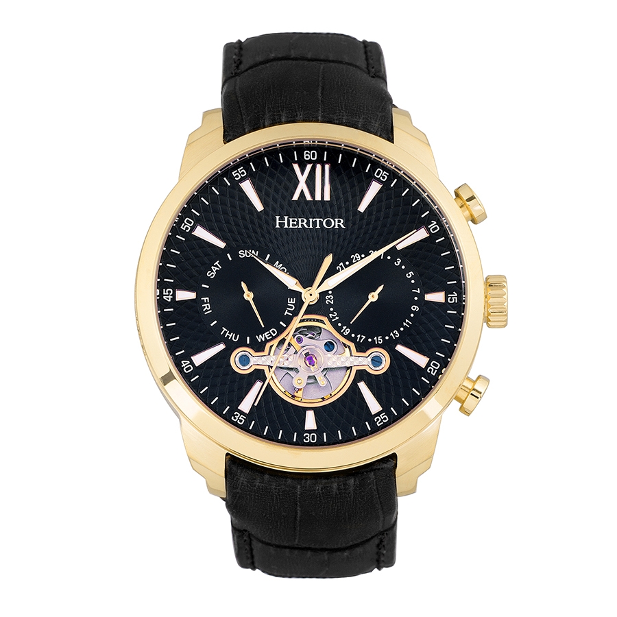 Heritor Arthur Automatic Black Dial Black Leather Men's Watch HR7905 ...