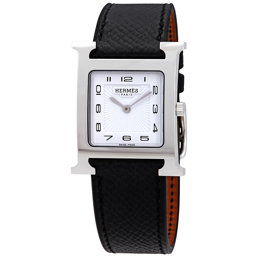 Hermes Heure H Medium White Dial Black Leather Ladies Watch 036792WW00 ...