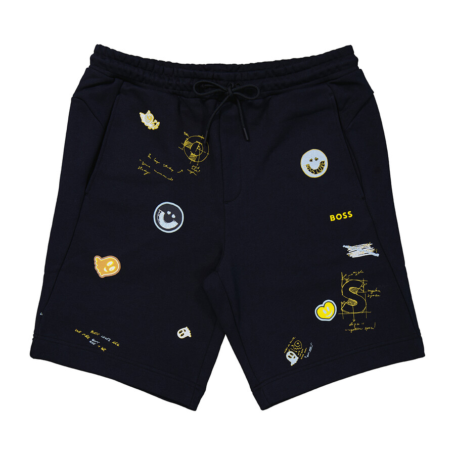 Hugo Boss Men's Dark Blue Sewn-On Badges Cotton-Blend Shorts, Size ...