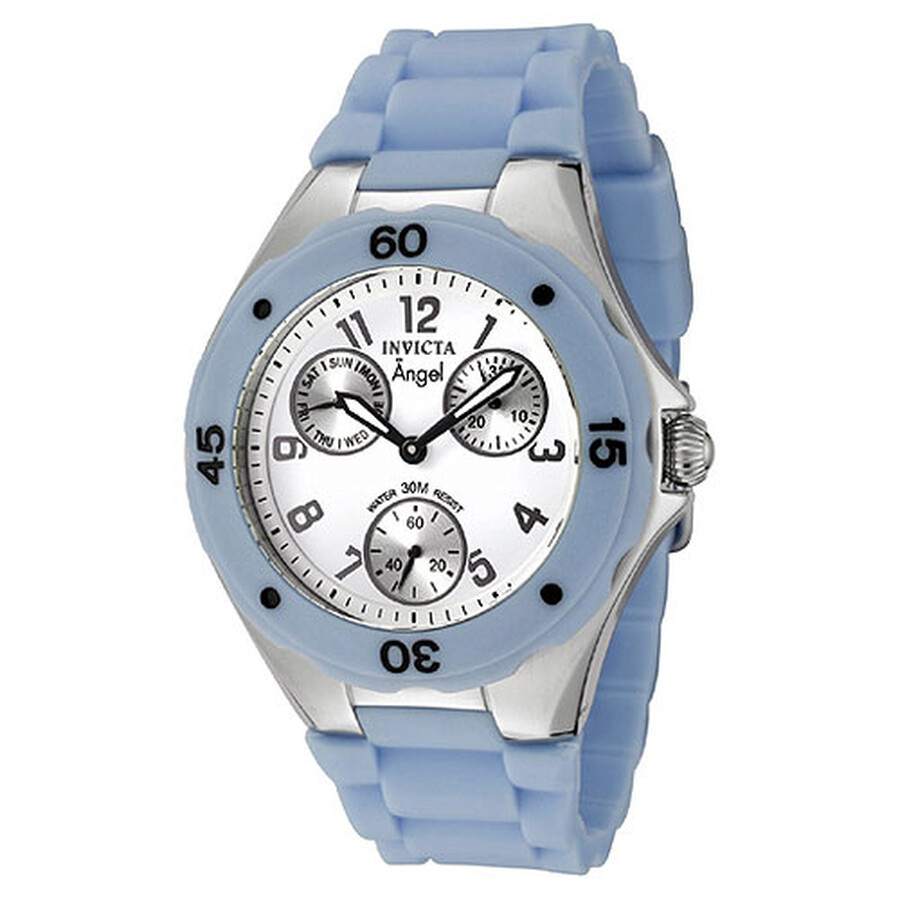 Invicta Angel Blue Rubber Strap White Dial Multi Function Ladies Watch ...