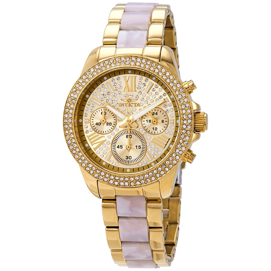 Invicta Angel Multi-Function Gold Crystal Dial Gold-plated Stainless ...