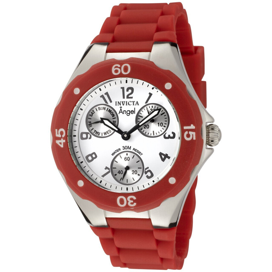 Invicta Angel White Dial Red Rubber Strap Multi Function Ladies Watch ...