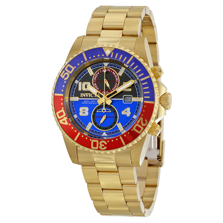 Invicta Pro Diver Black and Blue Dial 18kt Gold-plated Pepsi Bezel Men ...