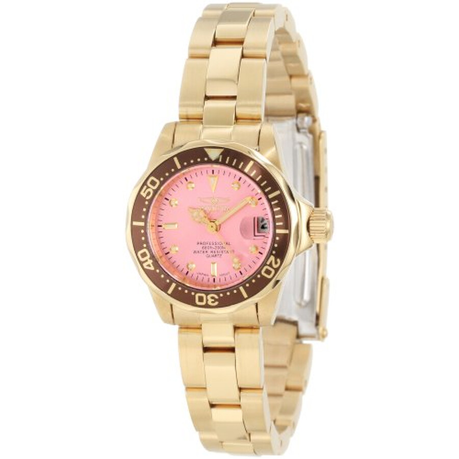 Invicta Pro Diver Pink Dial Gold-Tone Stainless Steel Ladies Watch ...