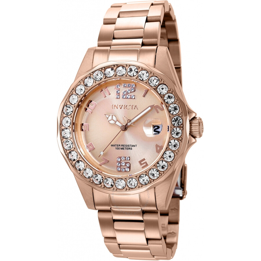 Invicta Pro Diver Quartz Crystal Rose Gold Dial Ladies Watch 37698 ...