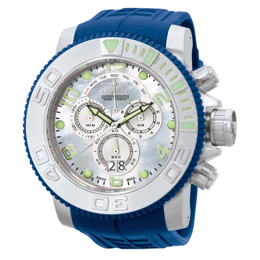 Invicta Sea Hunter Mother Of Pearl Dial Blue Polyurethane Men's Watch ...