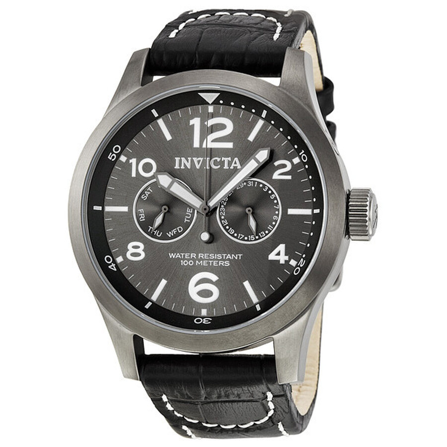 Invicta Specialty Military Grey Dial Black Leather Men's Watch 10492 ...