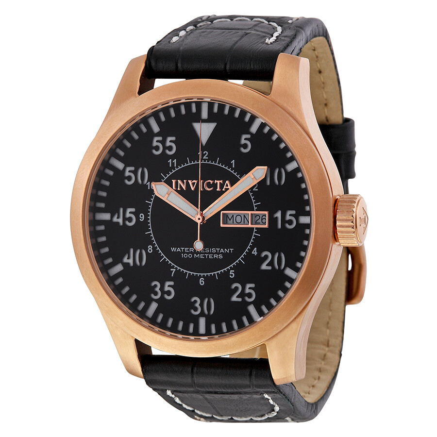 Invicta Specialty Outdoor Black Dial Black Calf Skin Leather Men's ...