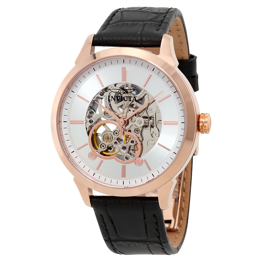 Invicta Specialty Silver Skeleton Dial Black Leather Men's Watch 18139 ...