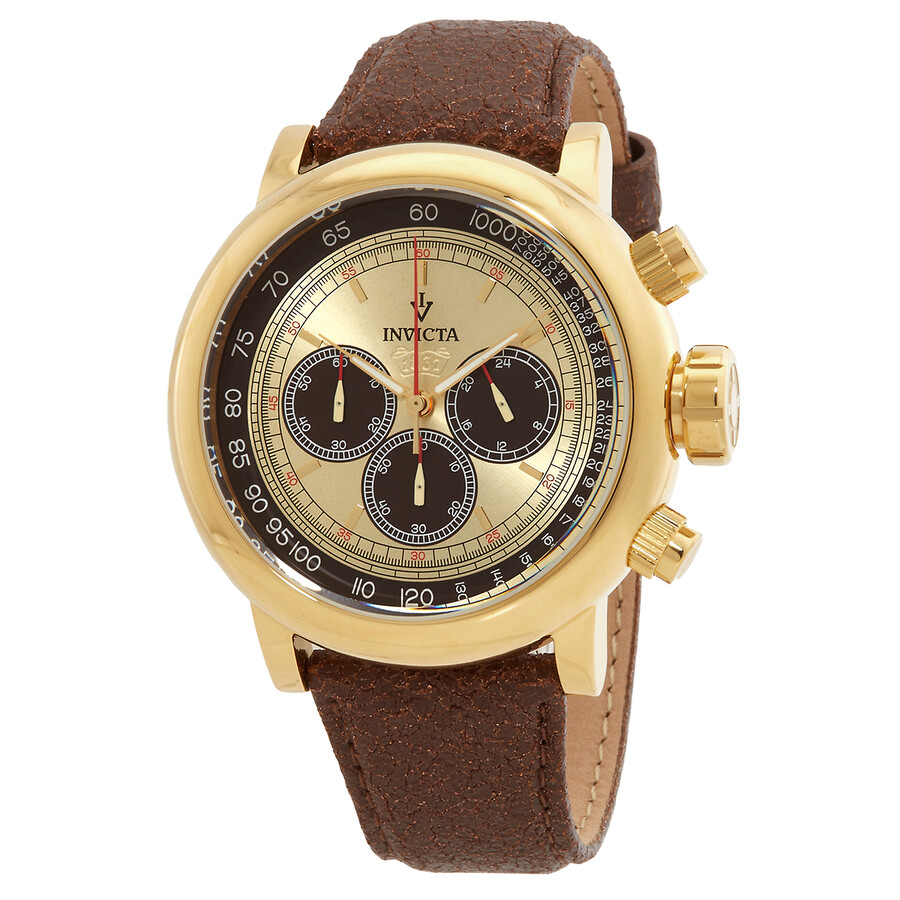 Invicta Vintage Chronograph Gold Dial Brown Leather Men's Watch 13058 ...