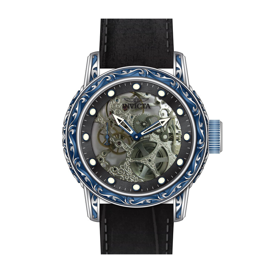 Invicta Vintage Mechanical Skeleton Dial Black Leather Men's Watch ...