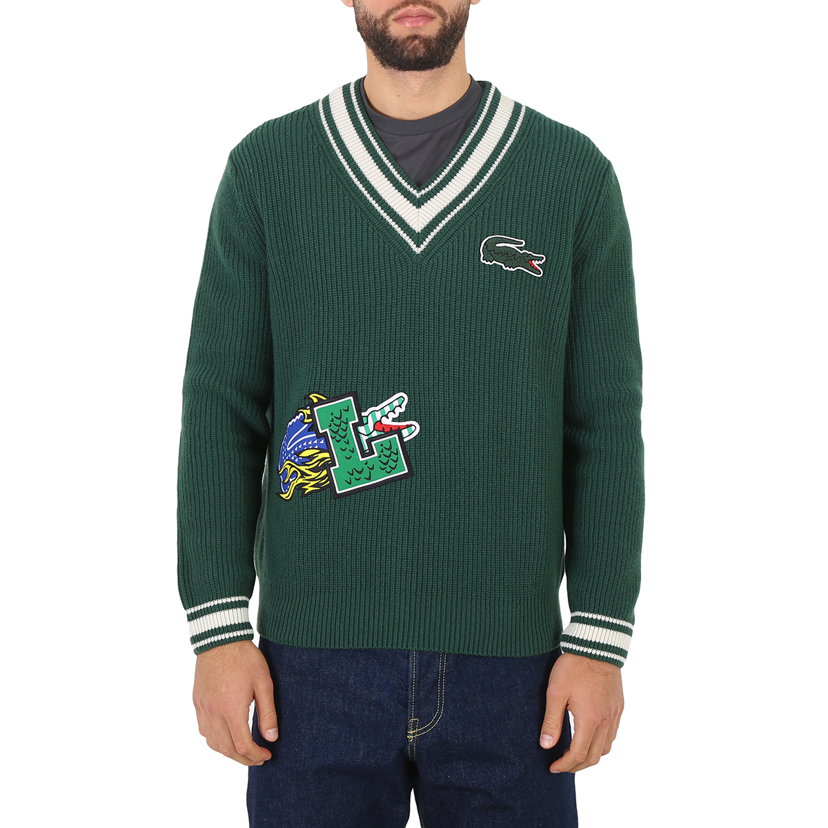 Lacoste Comic Badge Croc V-Neck Sweater, Brand Size 5 (Large) AH0735-LO ...
