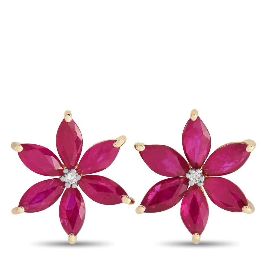 Lb Exclusive 14K Yellow Gold 0.01ct Diamond and Ruby Flower Earrings ...