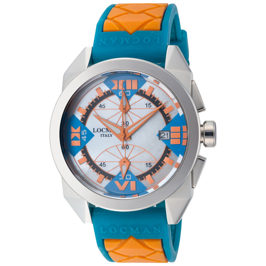 Locman Cavallo Pazzo Mother of Pearl Dial Aqua and Orange Rubber Watch ...
